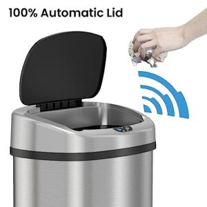 SensorCan 13 Gallon Battery-FREE Automatic Sensor Kitchen Trash Can with Power Adapter, Oval Shape Stainless Steel Garbage Bin with AC Plug