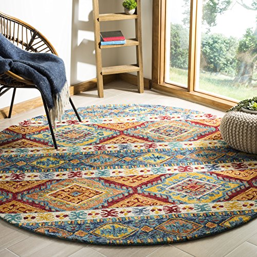 SAFAVIEH Aspen Collection Area Rug - 7' Round, Navy & Ivory, Handmade Boho Tribal Wool, Ideal for High Traffic Areas in Living Room, Bedroom (APN502A)