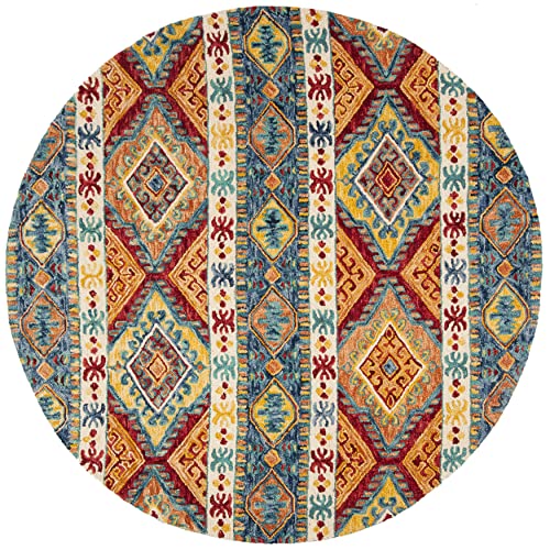 SAFAVIEH Aspen Collection Area Rug - 7' Round, Navy & Ivory, Handmade Boho Tribal Wool, Ideal for High Traffic Areas in Living Room, Bedroom (APN502A)