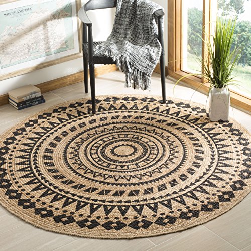 SAFAVIEH Natural Fiber Collection Area Rug - 4' Round, Black & Natural, Handmade Boho Mandala Braided Jute, Ideal for High Traffic Areas in Living Room, Bedroom (NF802K)