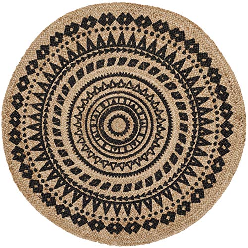 SAFAVIEH Natural Fiber Collection Area Rug - 4' Round, Black & Natural, Handmade Boho Mandala Braided Jute, Ideal for High Traffic Areas in Living Room, Bedroom (NF802K)