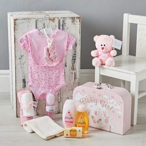 Newborn Gift Set for Baby Girl – Pink Keepsake Box with Baby Clothes, Teddy Bear and Newborn Essentials - Welcome Baby Basket for Parents Makes a Unique Shower Gift