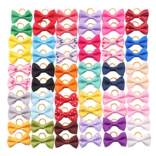 YAKA 60PCS (30 Paris) Cute Puppy Dog Small Bowknot Hair Bows with Rubber Bands Handmade Hair Accessories Bow Pet Grooming Products (60 Pcs,Cute Patterns) (Rubber Bands Style 1)