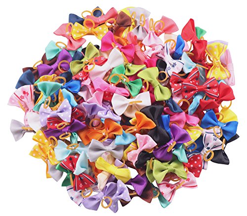 YAKA 60PCS (30 Paris) Cute Puppy Dog Small Bowknot Hair Bows with Rubber Bands Handmade Hair Accessories Bow Pet Grooming Products (60 Pcs,Cute Patterns) (Rubber Bands Style 1)