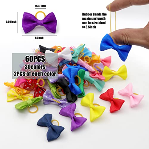 YAKA 60PCS (30 Paris) Cute Puppy Dog Small Bowknot Hair Bows with Rubber Bands Handmade Hair Accessories Bow Pet Grooming Products (60 Pcs,Cute Patterns) (Rubber Bands Style 1)