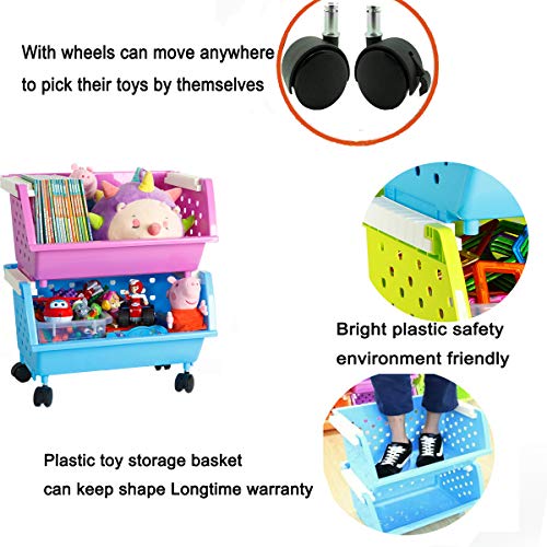 MAGDESIGNER Toys Storage Organizer Bins Baskets with Wheels for Kid Can Move Everywhere Large 4 Baskets Natural/Primary (Primary Collection) (Purple&Blue&Orange&Green)