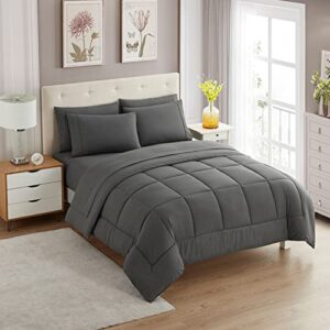 sweet home collection 5 piece comforter set bag solid color all season soft down alternative blanket & luxurious microfiber bed sheets, gray, twin