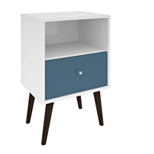 Manhattan Comfort Liberty Collection Mid Century Modern Nightstand With One Open Shelf and One Drawer, Splayed Legs, White/Blue