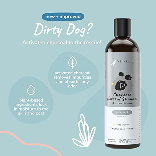 kin+kind Dog Shampoo - Deep Clean, Dirt & Odor Remover w/Activated Charcoal for Dogs, Gentle Formula w/Natural Aloe, Olive Oil & Coconut Oil, Pet Hair Care & Grooming Products, Patchouli, 12 fl oz