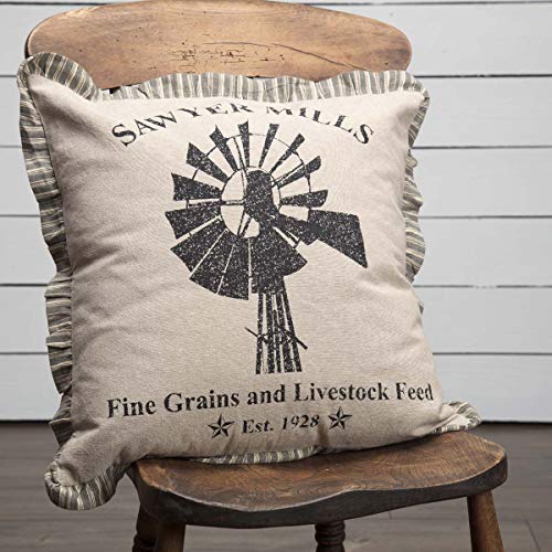 VHC Brands Farmhouse Pillows & Throws-Sawyer Mill Tan 18" x 18" Pillow, 18x18, Windmill Charcoal