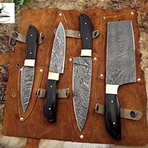 4 Pieces Chef Knives Set, Slicer, Chef, Cleaver Overall 37 inches Full Tang Hand Forged Damascus Steel Blade, Custom Made Leather Sheath