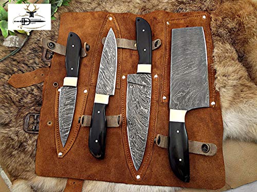 4 Pieces Chef Knives Set, Slicer, Chef, Cleaver Overall 37 inches Full Tang Hand Forged Damascus Steel Blade, Custom Made Leather Sheath