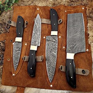 4 Pieces Chef Knives Set, Slicer, Chef, Cleaver Overall 37 inches Full Tang Hand Forged Damascus Steel Blade, Custom Made Leather Sheath