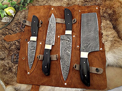 4 Pieces Chef Knives Set, Slicer, Chef, Cleaver Overall 37 inches Full Tang Hand Forged Damascus Steel Blade, Custom Made Leather Sheath