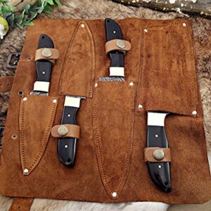 4 Pieces Chef Knives Set, Slicer, Chef, Cleaver Overall 37 inches Full Tang Hand Forged Damascus Steel Blade, Custom Made Leather Sheath