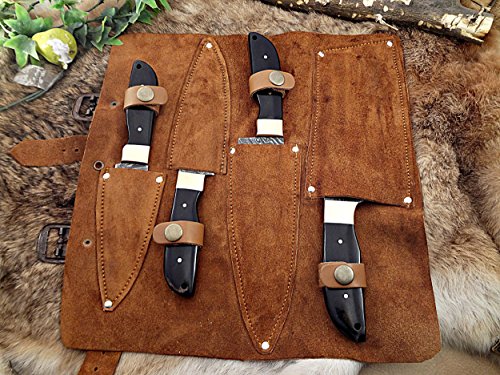 4 Pieces Chef Knives Set, Slicer, Chef, Cleaver Overall 37 inches Full Tang Hand Forged Damascus Steel Blade, Custom Made Leather Sheath