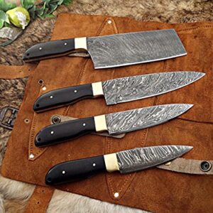 4 Pieces Chef Knives Set, Slicer, Chef, Cleaver Overall 37 inches Full Tang Hand Forged Damascus Steel Blade, Custom Made Leather Sheath