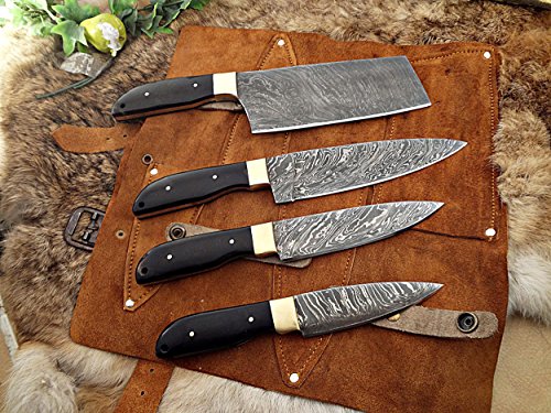 4 Pieces Chef Knives Set, Slicer, Chef, Cleaver Overall 37 inches Full Tang Hand Forged Damascus Steel Blade, Custom Made Leather Sheath