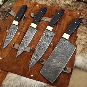 4 Pieces Chef Knives Set, Slicer, Chef, Cleaver Overall 37 inches Full Tang Hand Forged Damascus Steel Blade, Custom Made Leather Sheath