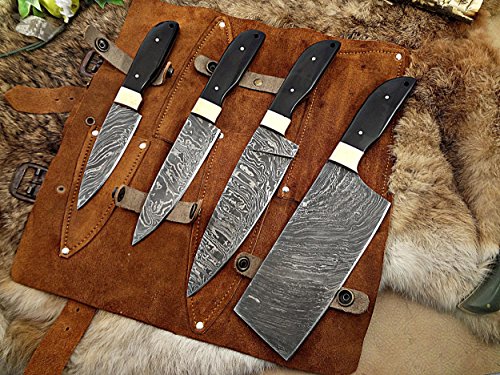 4 Pieces Chef Knives Set, Slicer, Chef, Cleaver Overall 37 inches Full Tang Hand Forged Damascus Steel Blade, Custom Made Leather Sheath