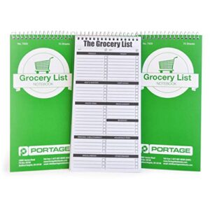 portage grocery list notepad – spiral top shopping list pad, grocery list notebook with lined paper & checklist for shopping list, simple category format so you never forget anything again - 4 x 8 inches, 140 pages, 70 sheets (pack of 3)