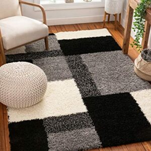 ruglots Modern Shag Geometric 5x7 (5' x 7'2'') Area Rug Cubes Black & Cream Plush Shag Blocks & Squares Plush Shag Easy Care Thick Soft Plush Living Room