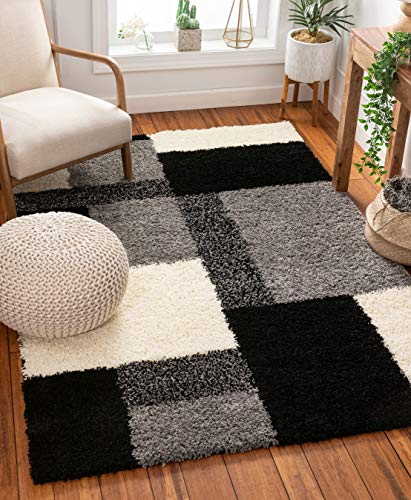 ruglots Modern Shag Geometric 5x7 (5' x 7'2'') Area Rug Cubes Black & Cream Plush Shag Blocks & Squares Plush Shag Easy Care Thick Soft Plush Living Room