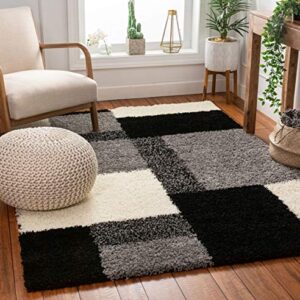 ruglots Modern Shag Geometric 5x7 (5' x 7'2'') Area Rug Cubes Black & Cream Plush Shag Blocks & Squares Plush Shag Easy Care Thick Soft Plush Living Room