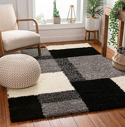 ruglots Modern Shag Geometric 5x7 (5' x 7'2'') Area Rug Cubes Black & Cream Plush Shag Blocks & Squares Plush Shag Easy Care Thick Soft Plush Living Room