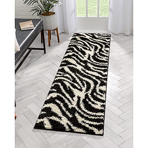 Well Woven Modern Animal Print 2x7 (2'' x 7'3'' Runner) Area Rug Shag Zebra Black& Ivory Plush Easy Care Thick Soft Plush Living Room