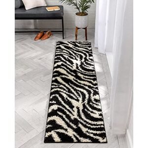 Well Woven Modern Animal Print 2x7 (2'' x 7'3'' Runner) Area Rug Shag Zebra Black& Ivory Plush Easy Care Thick Soft Plush Living Room