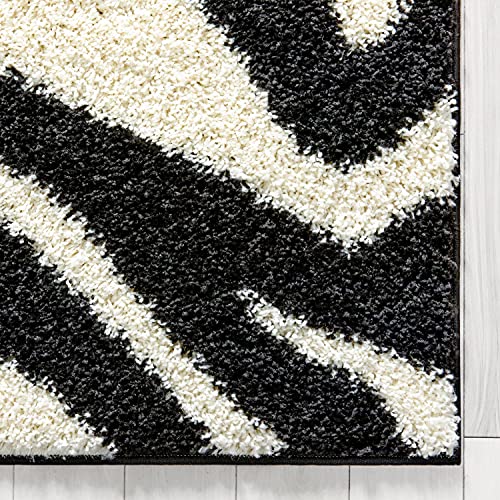 Well Woven Modern Animal Print 2x7 (2'' x 7'3'' Runner) Area Rug Shag Zebra Black& Ivory Plush Easy Care Thick Soft Plush Living Room