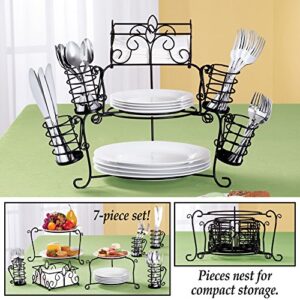 Collections Etc Metal Buffet Organizer with Scroll Design, 7-Piece Set for Plates, Napkins and Cutlery