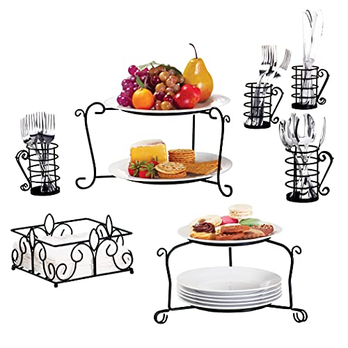 Collections Etc Metal Buffet Organizer with Scroll Design, 7-Piece Set for Plates, Napkins and Cutlery