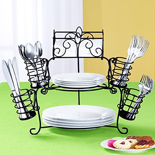 Collections Etc Metal Buffet Organizer with Scroll Design, 7-Piece Set for Plates, Napkins and Cutlery