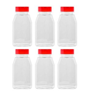 large 16oz clear plastic spice containers bottle jars - flapper cap to pour or sifter shaker. used to store spices, herbsand is refillable-bpa free (6, red caps)