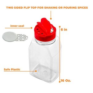 LARGE 16OZ CLEAR PLASTIC SPICE CONTAINERS BOTTLE JARS - FLAPPER CAP TO POUR OR SIFTER SHAKER. USED TO STORE SPICES, HERBSAND IS REFILLABLE-BPA FREE (6, red caps)