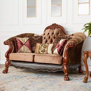 ACME Dresden Loveseat w/5 Pillows - 52096 - Golden Brown Velvet & Cherry Oak