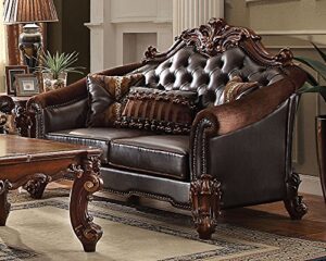 acme vendome ii loveseat w/3 pillows - 53131 - 2-tone dark brown pu & cherry