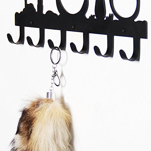 CoolPlus Key and Dog Leash Holder for Wall Entryway Coat Hooks Backpack Hanger Decorative Clothes Rack Hat and Belt Organizer Foyer Hallway Bathroom Bedroom Rail Home Decor Wolf Pattern Black Finish