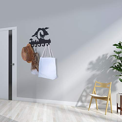 CoolPlus Key and Dog Leash Holder for Wall Entryway Coat Hooks Backpack Hanger Decorative Clothes Rack Hat and Belt Organizer Foyer Hallway Bathroom Bedroom Rail Home Decor Wolf Pattern Black Finish