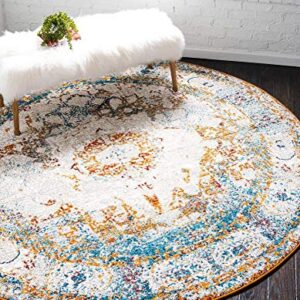 Unique Loom Rosso Collection Traditional, Vintage, Medallion, Border, Distressed, Southwestern Area Rug, 8 ft x 8 ft, Ivory/Blue