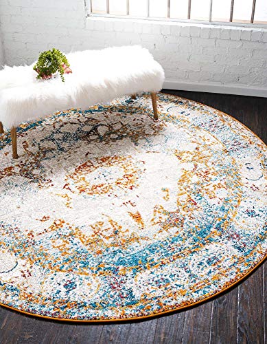 Unique Loom Rosso Collection Traditional, Vintage, Medallion, Border, Distressed, Southwestern Area Rug, 8 ft x 8 ft, Ivory/Blue