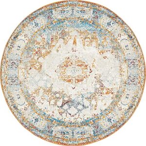 Unique Loom Rosso Collection Traditional, Vintage, Medallion, Border, Distressed, Southwestern Area Rug, 8 ft x 8 ft, Ivory/Blue