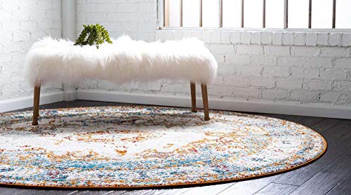 Unique Loom Rosso Collection Traditional, Vintage, Medallion, Border, Distressed, Southwestern Area Rug, 8 ft x 8 ft, Ivory/Blue