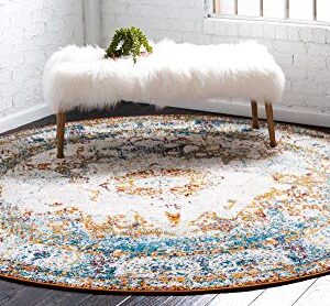 Unique Loom Rosso Collection Traditional, Vintage, Medallion, Border, Distressed, Southwestern Area Rug, 8 ft x 8 ft, Ivory/Blue