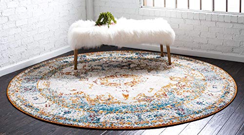 Unique Loom Rosso Collection Traditional, Vintage, Medallion, Border, Distressed, Southwestern Area Rug, 8 ft x 8 ft, Ivory/Blue