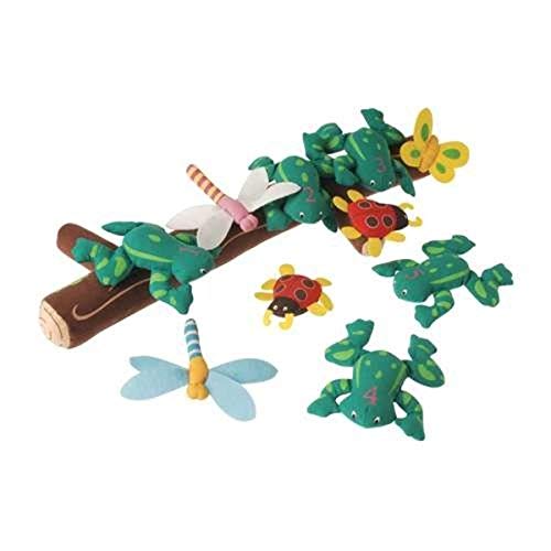 Constructive Playthings Five Green and Speckled Frogs Book Prop Set, Includes Five Frog Toys, Five Bugs That Stick to The One Included Log, Surface Washable, All Ages, 11-Piece Set