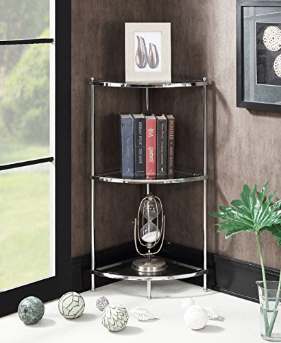 Convenience Concepts Royal Crest 3 Tier Corner Shelf, Chrome / Glass