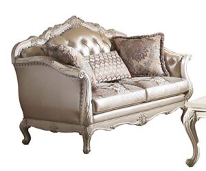 acme chantelle loveseat w/3 pillows - - rose gold pu/fabric & pearl white